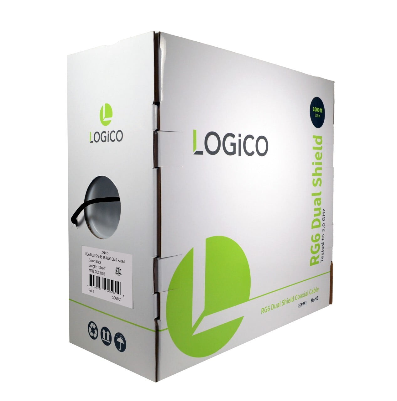 RG6 Cable Dual Shield CCS ETL 18AWG 1000Ft Black